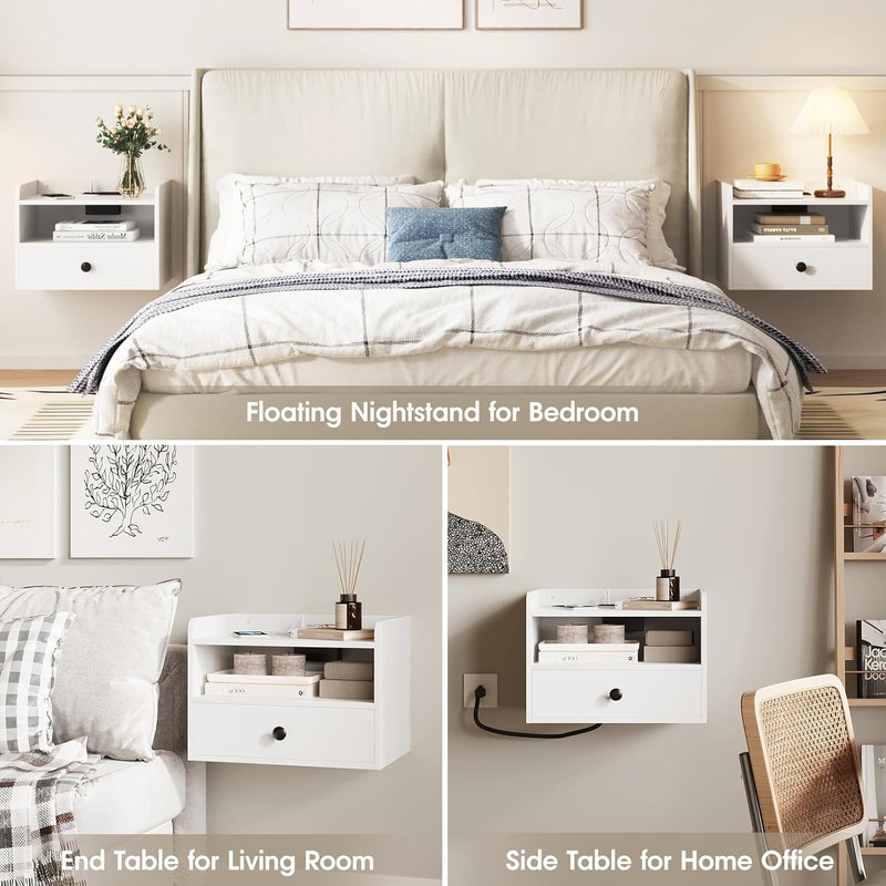 Latitude Run® Floating Nightstand Set of 2 with Charging Station and Drawer,Wall Mounted Bedside ...